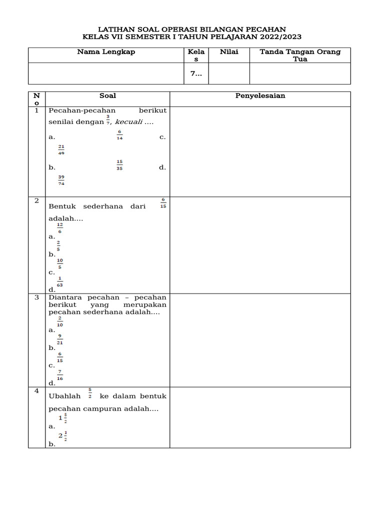 Latihan Soal Bilangan Pecahan Uraian | PDF