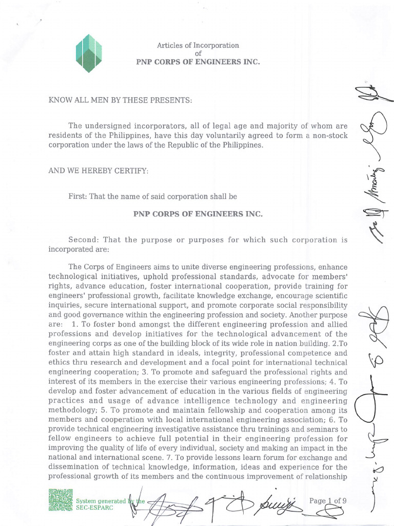 Articles of Incorporation of PNP Corps of Engineers Inc. | PDF