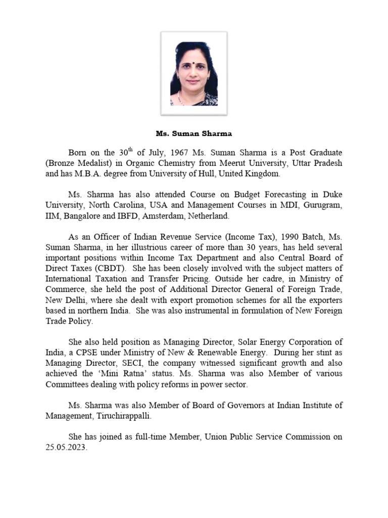 Biodata HM Mrs SumanSharma Engl 210723 | PDF