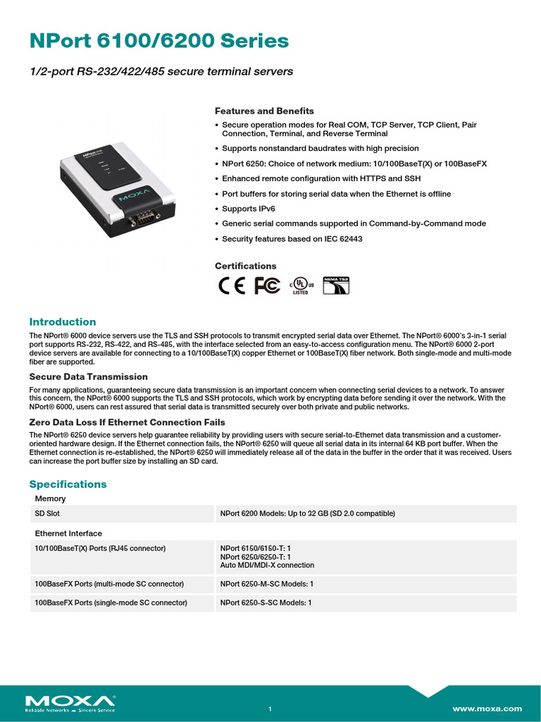 Moxa Nport 6100 6200 Series Datasheet v1.5 | PDF | Computer Network ...