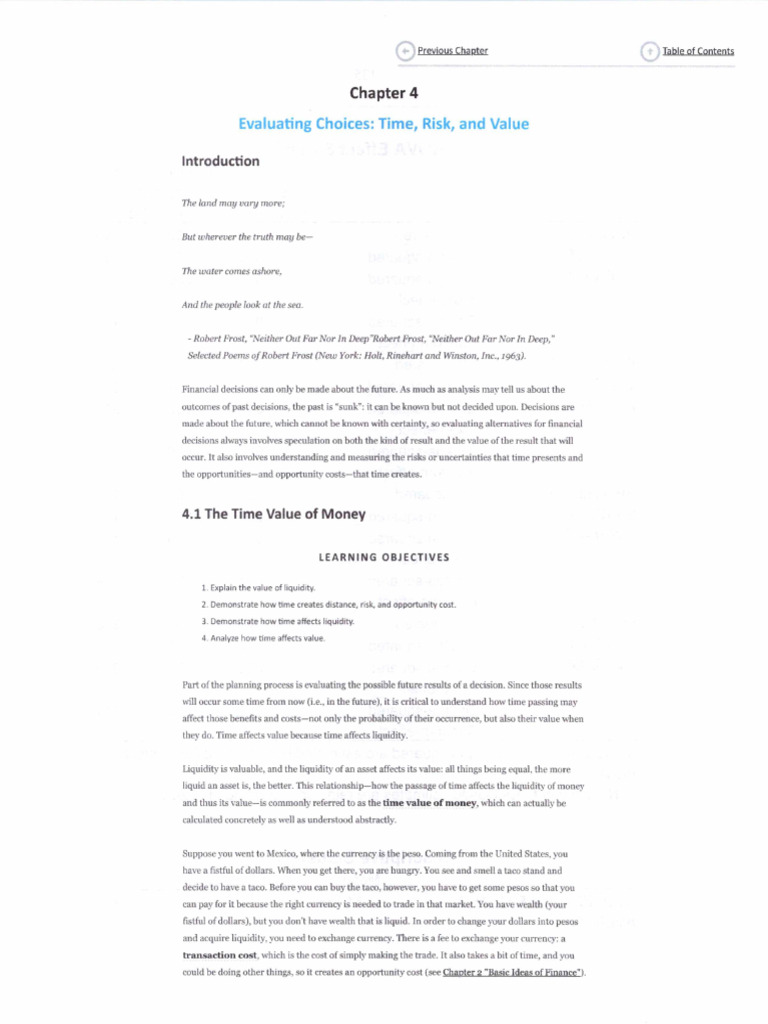 PersonalFinance - Chapter 4 Evaluating ChoicesTime Risk and Value | PDF
