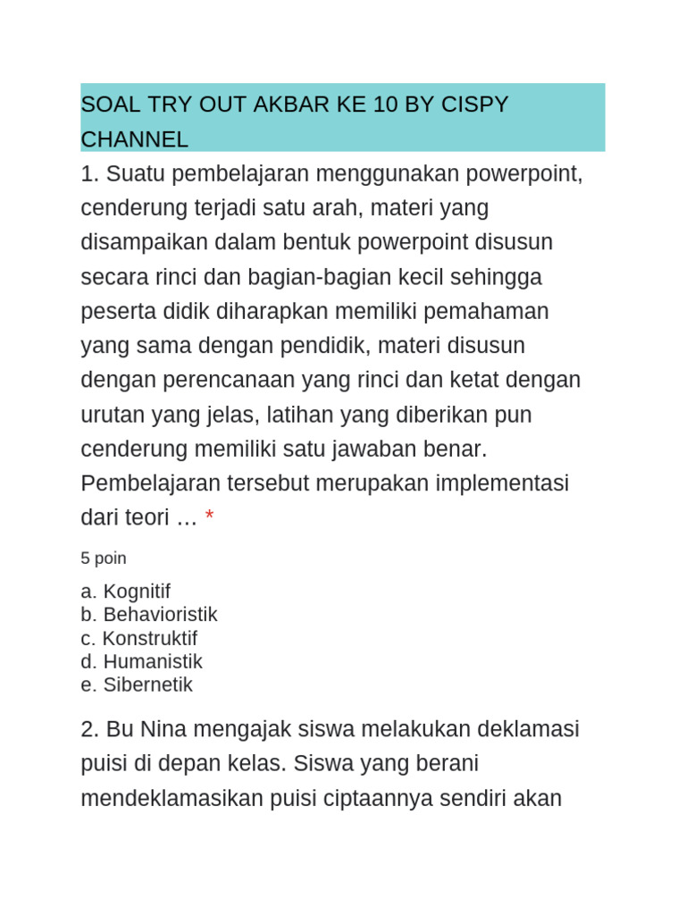 Soal Try Out Akbar Ke 10 by Cispy Channel | PDF
