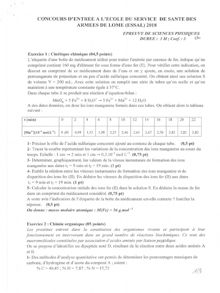 ESSAL 2018 Sciences Physiques | PDF