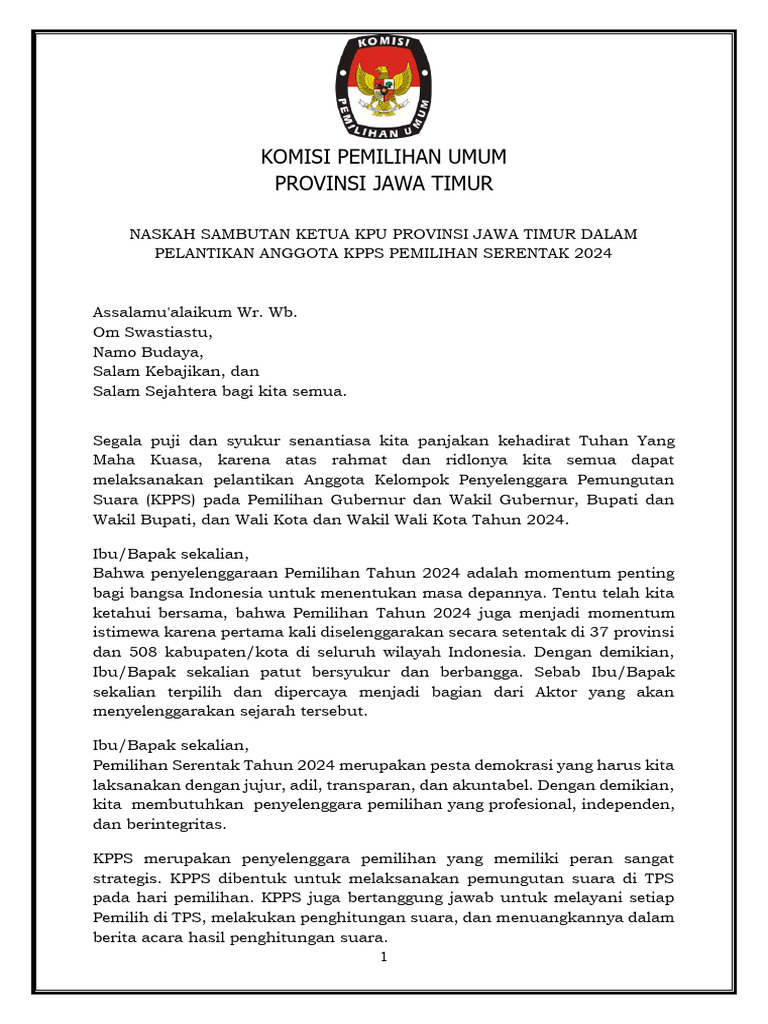 V2 Naskah Sambutan Ketua Kpu Provinsi Jawa Timur Dalam Pelantikan Anggota KPPS Pemilihan ...