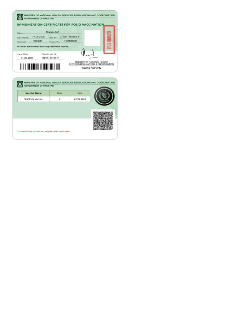Misbah Asif Polio Card | PDF