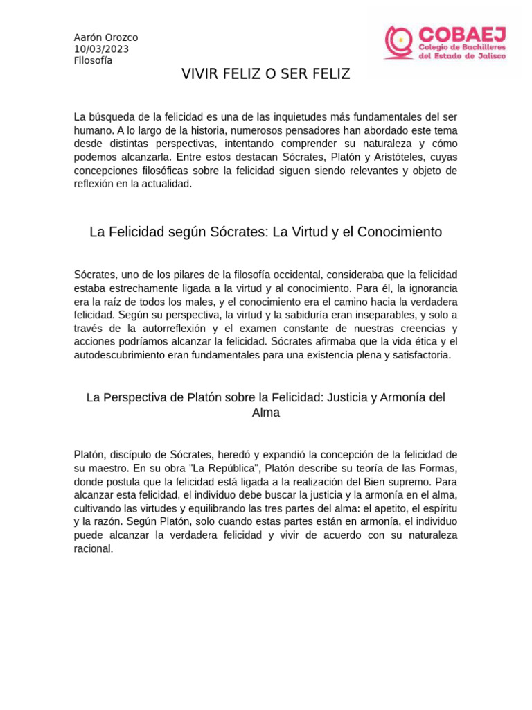 Filosofía de la Felicidad: Sócrates, Platón y Aristóteles | PDF ...