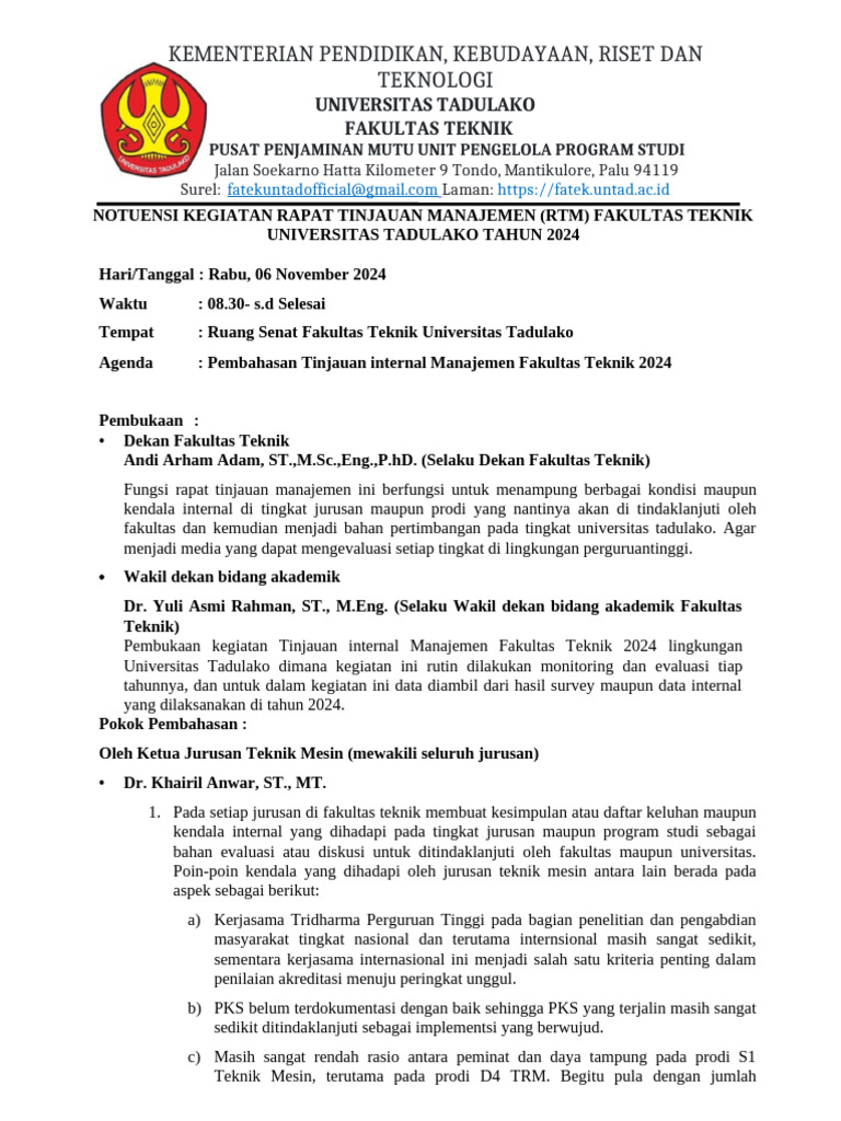 Notulensi Kegiatan RTM Fatek Universitas Tadulako Tahun 2024-1 | PDF