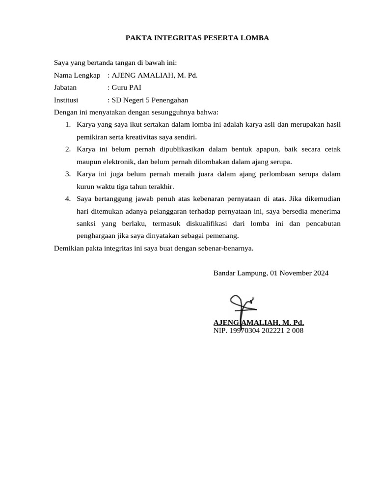 Contoh Pakta Integritas Peserta Lomba | PDF | Ilmu Sosial