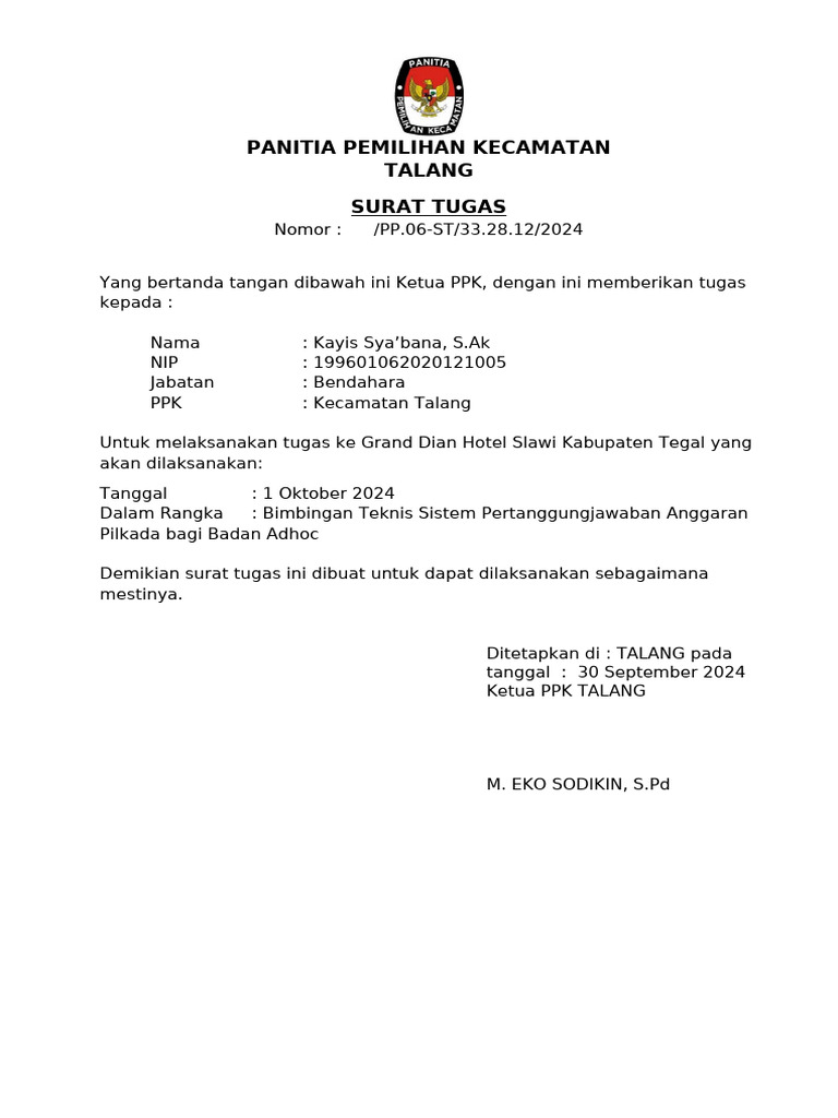 Contoh Surat Tugas Perdin SPJ Kpu | PDF | Pengelolaan Keuangan & Uang