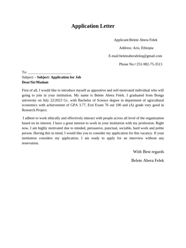 Job Application by Belete Abera Felek | PDF