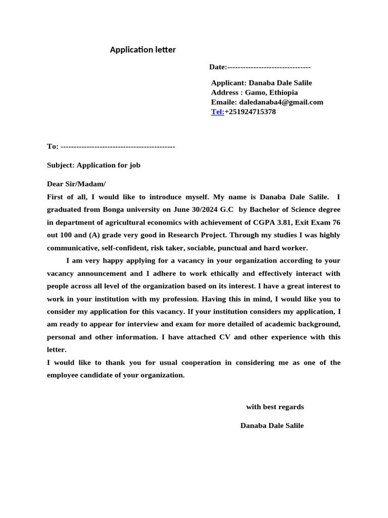 Job Application: Danaba Dale Salile | PDF
