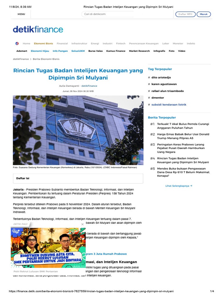 Rincian Tugas Badan Intelijen Keuangan Yang Dipimpin Sri Mulyani | PDF