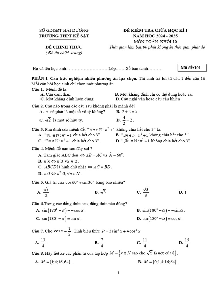 De Giua Ky 1 Toan 10 Nam 2024 2025 Truong THPT Ke Sat Hai Duong | PDF