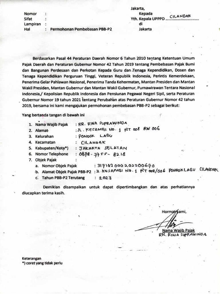 Surat Permohonan Pembebasan PBB P2 | PDF