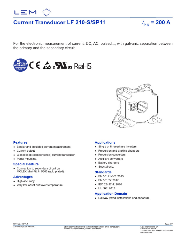 Current Transducer LF 210-S/SP11 200 A | PDF | Insulator (Electricity ...