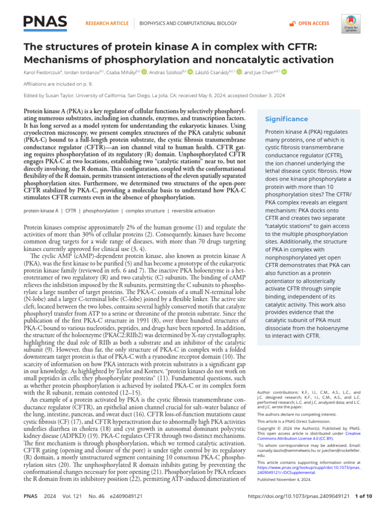 Biophysics of PKA-CFTR Interaction | PDF | Kinase | Protein Kinase