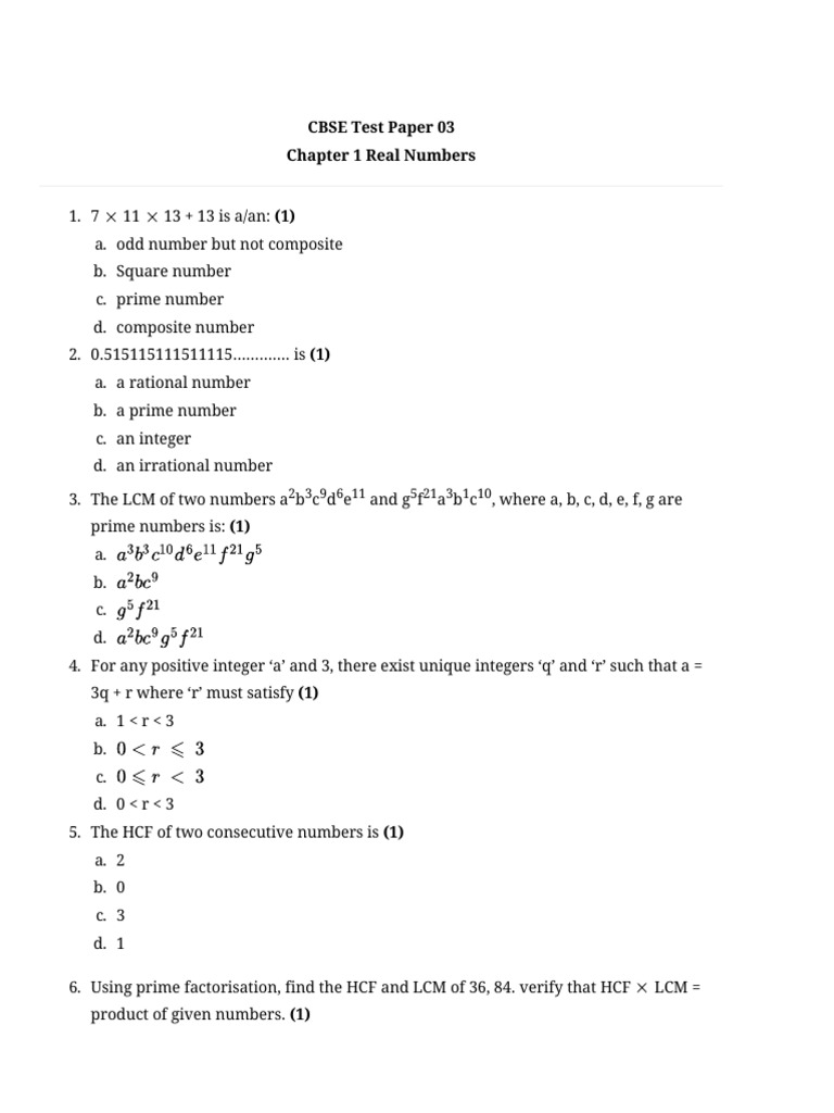 CBSE Real Numbers Quiz | PDF | Numbers | Factorization