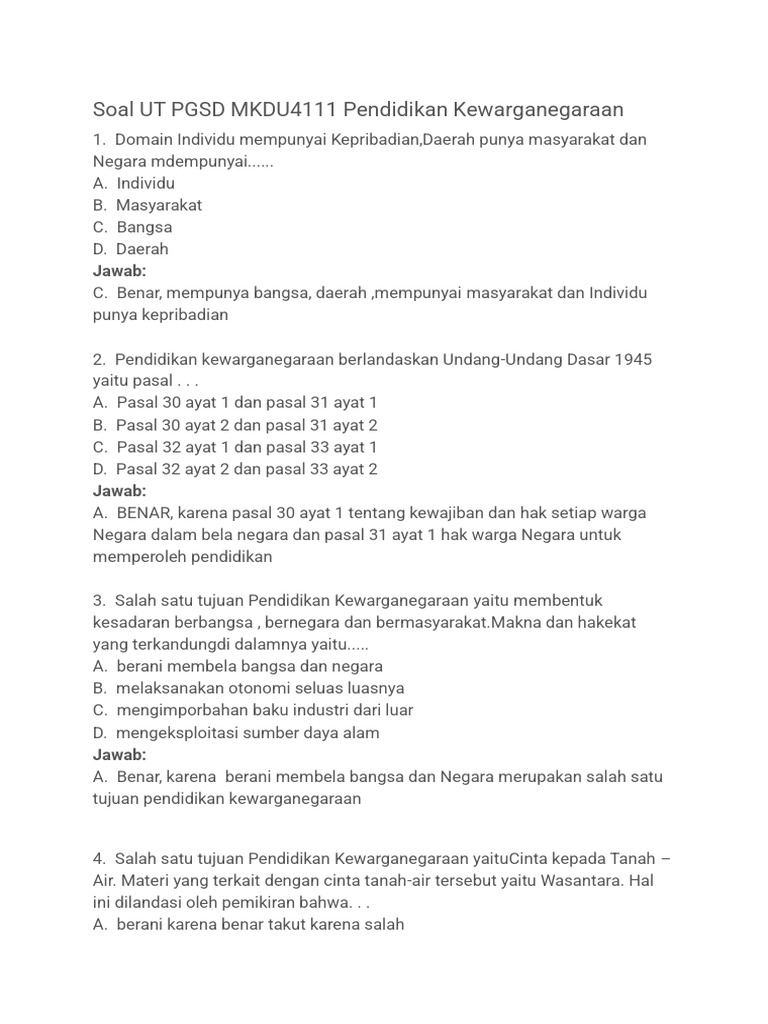 Soal UT PGSD MKDU4111 Pendidikan Kewarganegaraan: Jawab | PDF