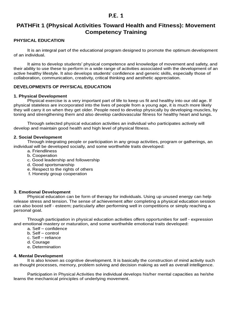 PATHFit 1 Handouts 1st Sem. 2024 2025 | PDF | Skeletal Muscle ...