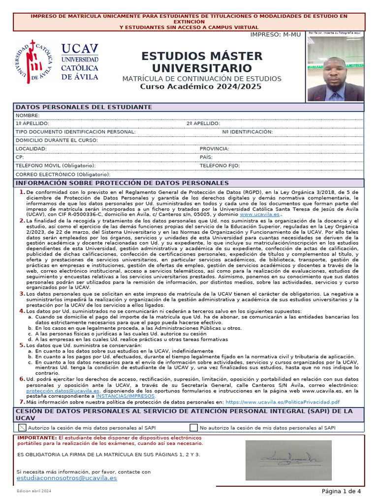 Matrícula Máster Universitario 2024/2025 | PDF | Bancos | Documento de ...