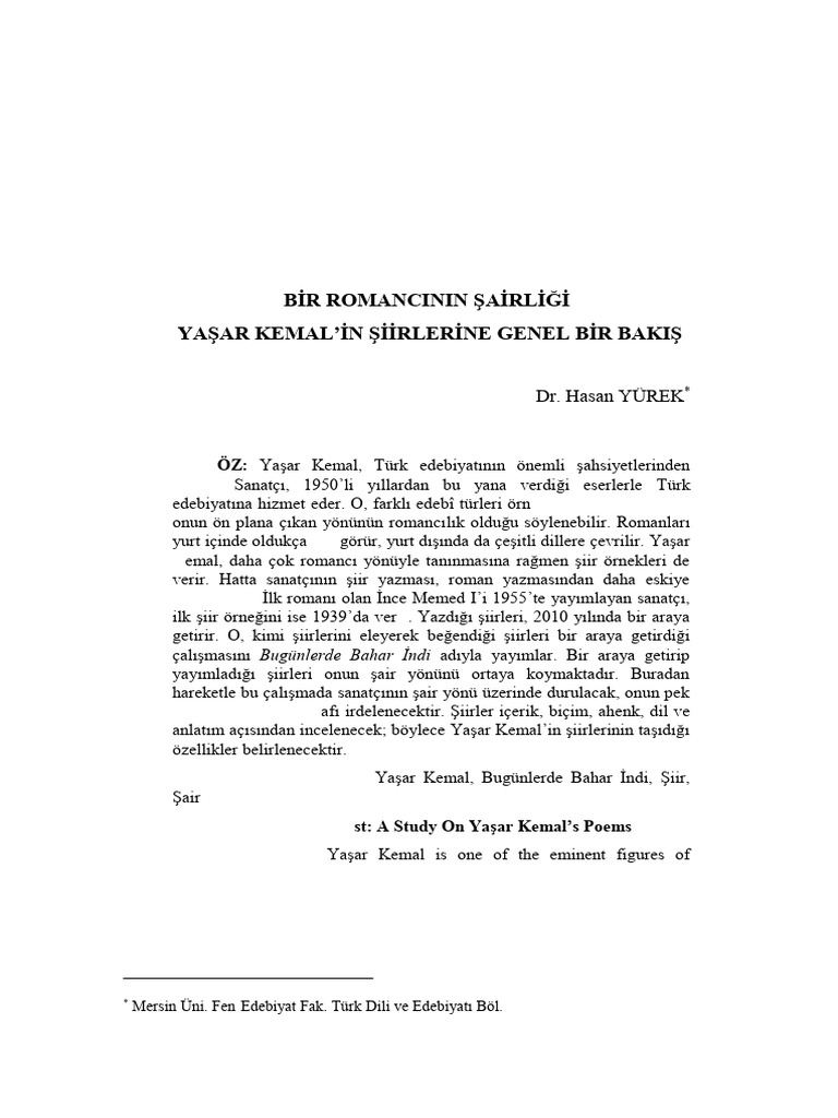 Bir Romanc N N Airli I Ya Ar Kemal in Iirlerine Genel Bir Bak (#177401) - 157160 | PDF