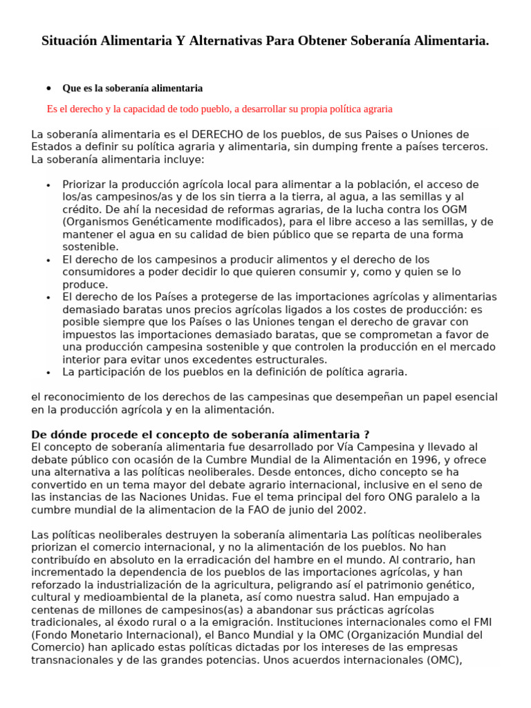 Situación Alimentaria Y Alternativas para Obtener Soberanía Alimentaria ...