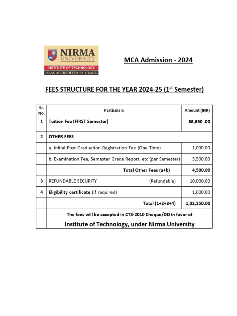 MCA - Fee Structure 2024 - First Semester 1 | PDF