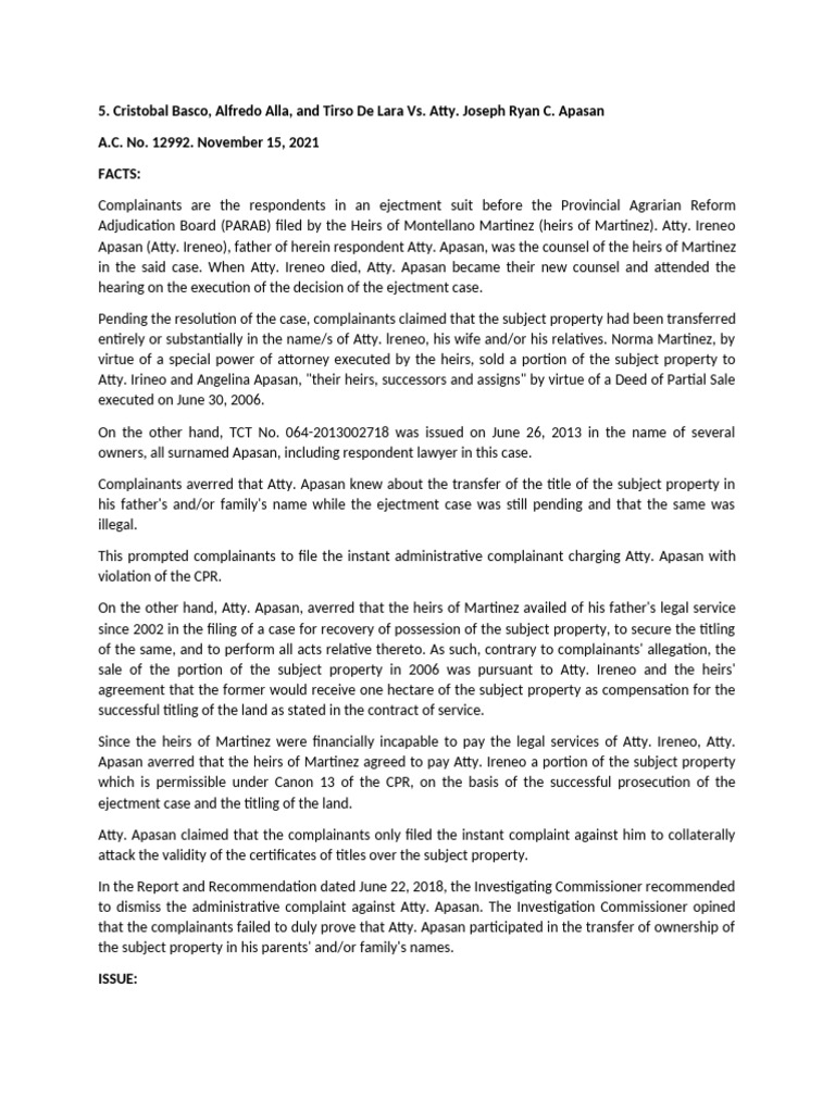 Digested Cristobal Basco Alfredo Alla and Tirso de Lara vs. Atty ...