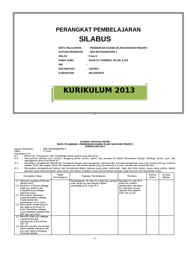Silabus Mapel PAI SD Kurikulum 2013 Tahun 2021 | PDF