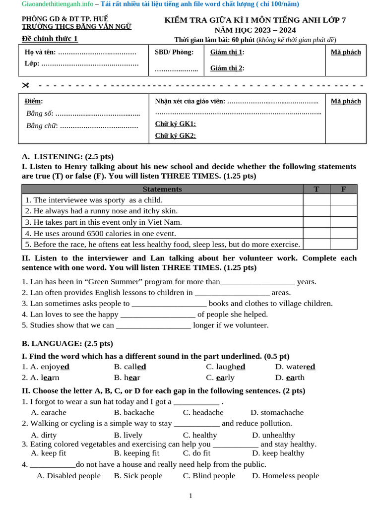 Đề Giữa Học Kỳ 1 Tiếng Anh 7 | PDF