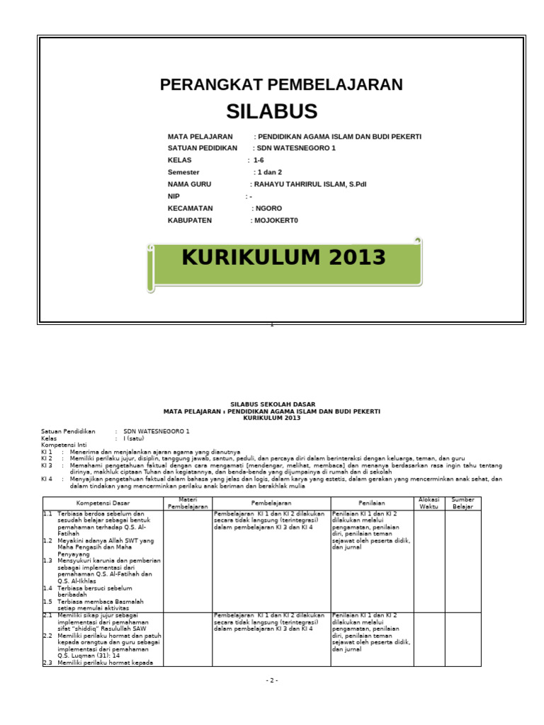 Silabus Mapel PAI SD Kurikulum 2013 Tahun 2019 | PDF