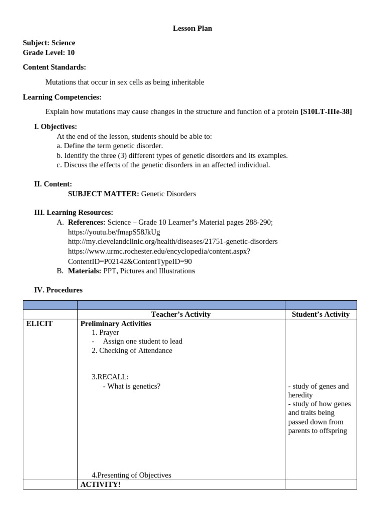 Lesson Plan - Genetic Disorders | PDF | Genetic Disorder | Genetics