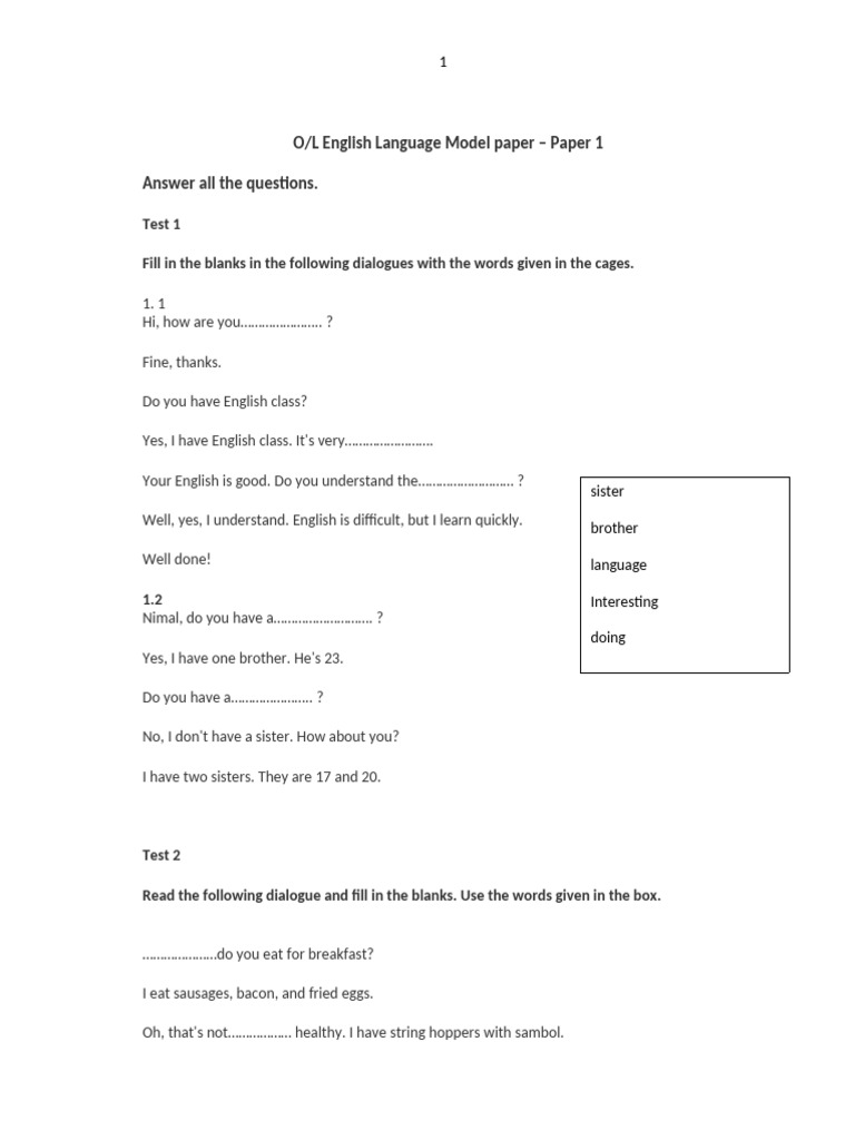 O/L English Language Model Paper | PDF