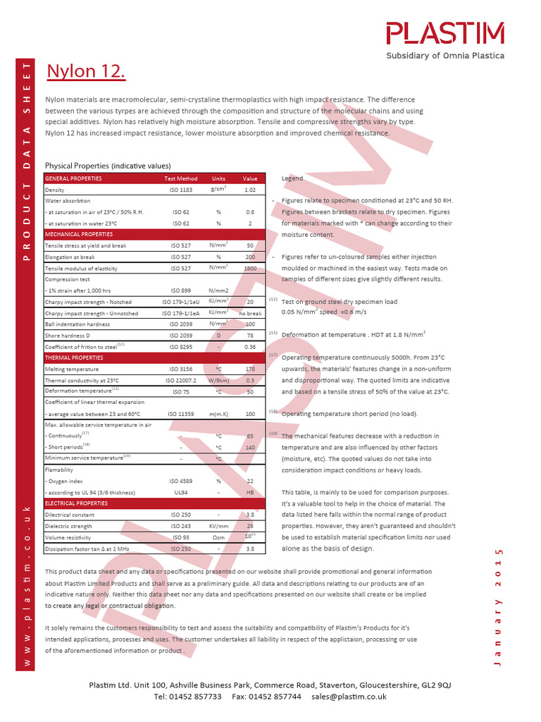 Nylon 12 Technical Data Sheet | PDF | Strength Of Materials | Ultimate ...