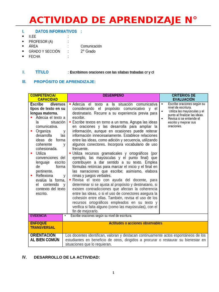 Sesión Escribimos Oraciones Con Las Sílabas Trabadas CR y CL | PDF ...