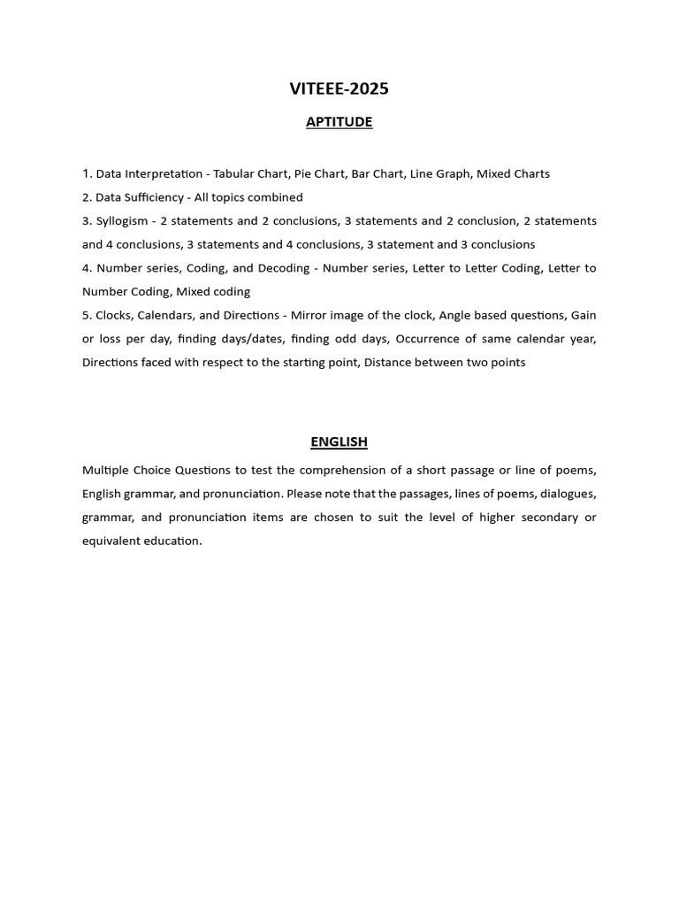 VITEEE-2025 Aptitude & English Guide | PDF