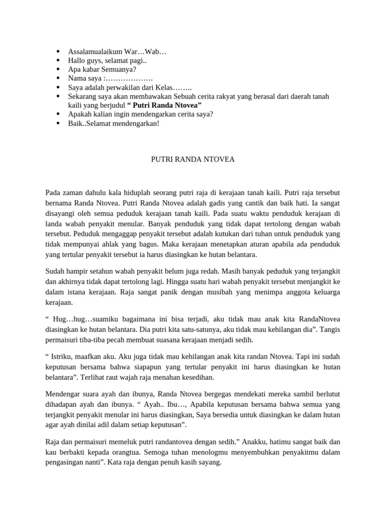 Cerita Rakyat Putri Randa Ntovea | PDF
