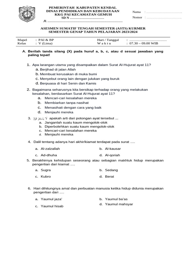 5B. Soal Asts Genap Paibp Kurmer KLS 5 Kkga Gemuh TP.2023-2024 | PDF | Agama & Spiritualitas