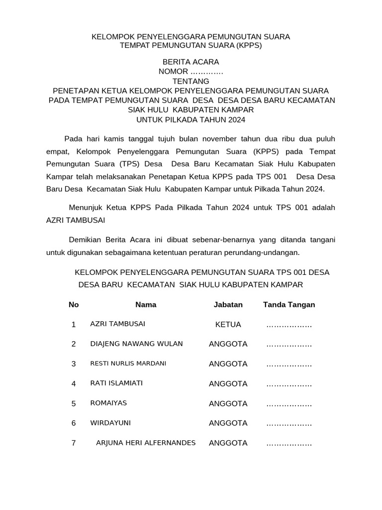 0 BA KPPS KETUA KPPS (Pleno KPPS) 7 November 2024 | PDF | Olahraga & Rekreasi