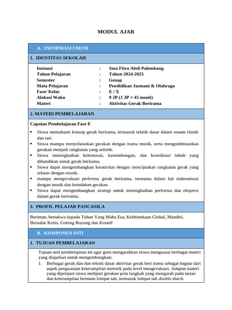 MODUL AJAR X Aktivitas Gerak Berirama | PDF