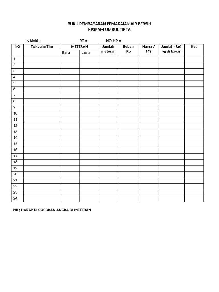 Buku Pembayaran Pemakaian Air Bersih | PDF