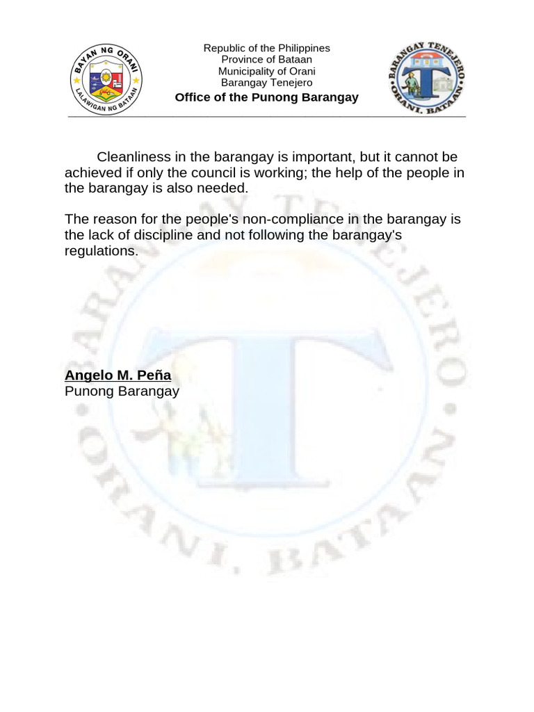 Cleanliness in The Barangay Is Important | PDF