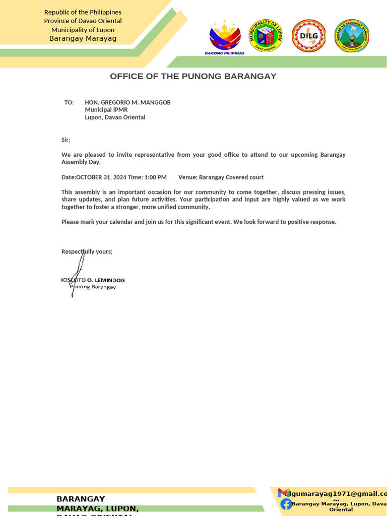 Invitation to Barangay Assembly 2024 | PDF