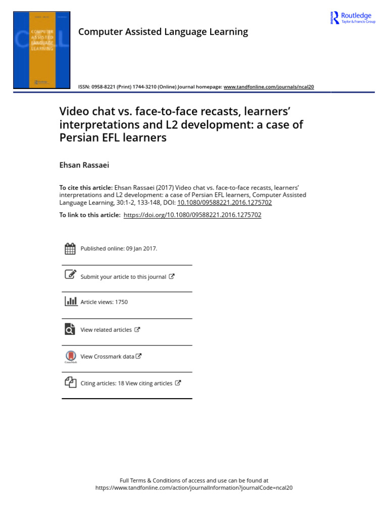 Video Chat vs. Face-To-Face Recasts, Learners' Interpretations and L2 ...