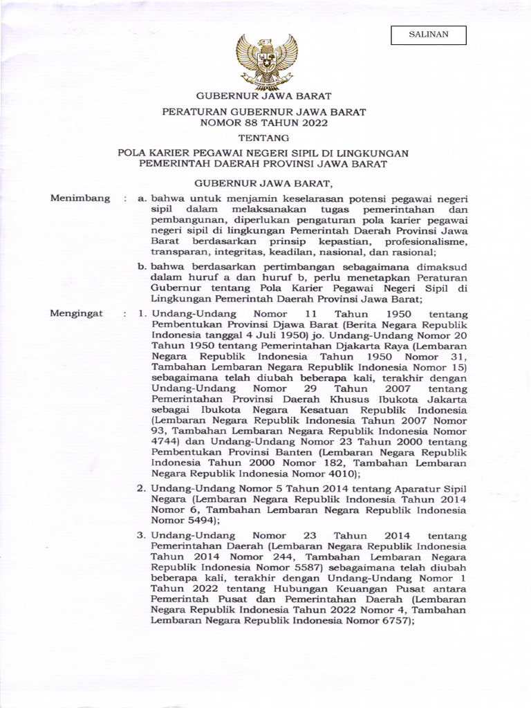Pergub Jabar 88 Tahun 2023 TTG Pola Karier ASN | PDF | Pengelolaan Keuangan & Uang