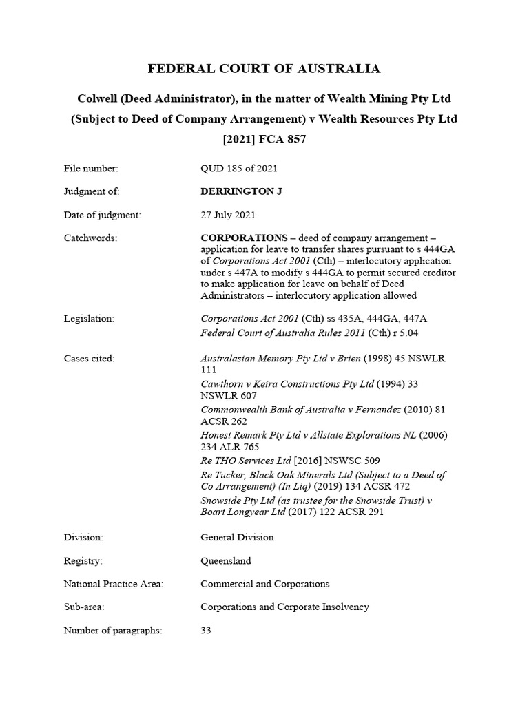 MICHAEL (In Their Capacity As Deed Administrators of WEALTH MINING PTY LTD (SUBJECT TO DEED OF ...