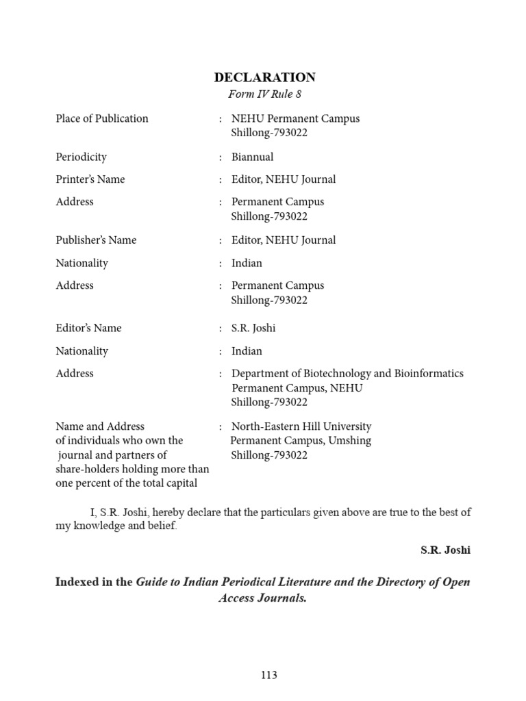 NEHU JOURNAL Vol - XVIII Declaration | PDF