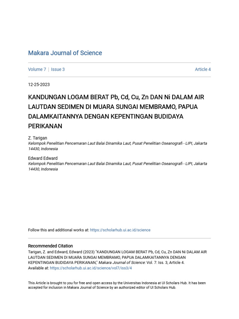 KANDUNGAN LOGAM BERAT PB CD Cu ZN DAN Ni DALAM AIR LAUTDAN SED | PDF ...