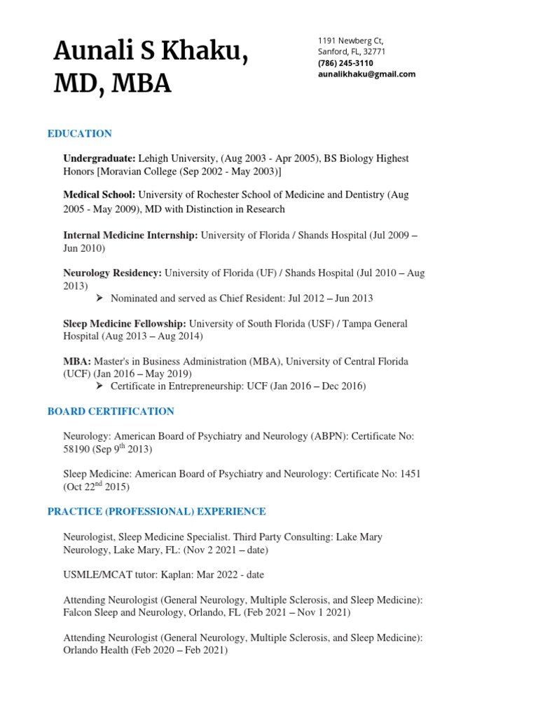 Aunali S Khaku, MD, MBA, Resume / CV (Neurology, MS, Stroke, and Sleep ...