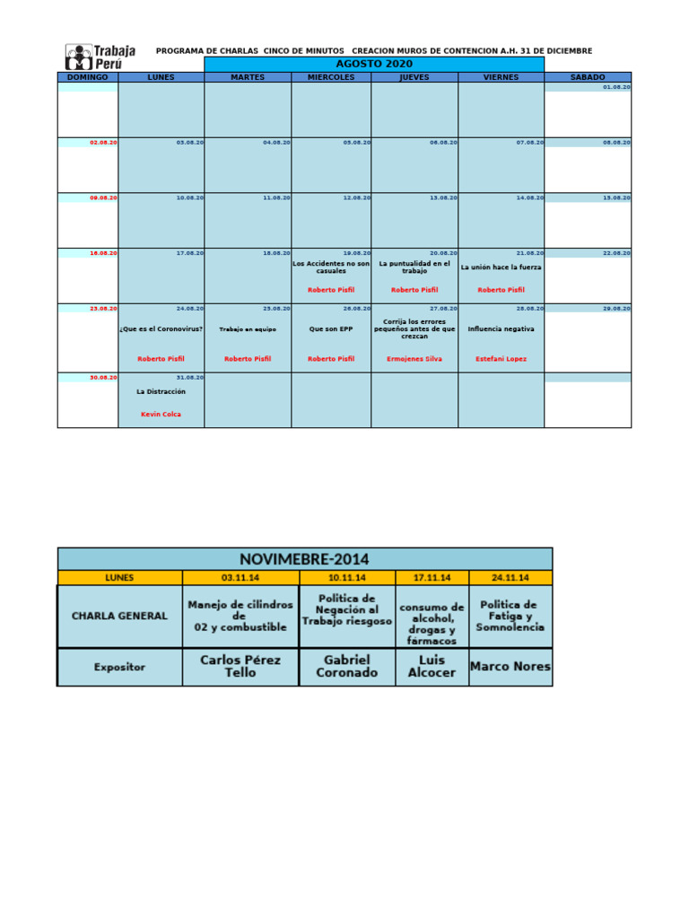 Programacion de Charlas - Agosto 2024 | PDF